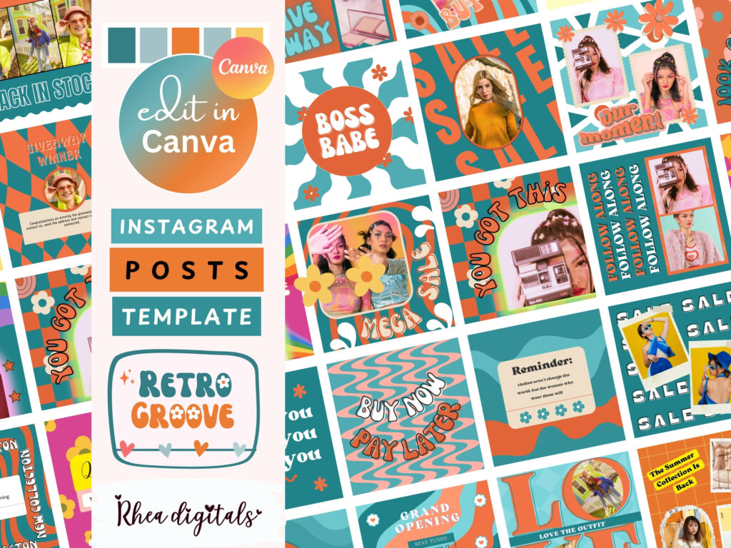 Retro Groove Turquoise Blue Instagram Post Templates | Rhea Digitals